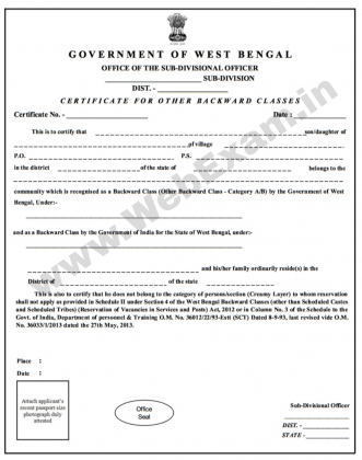 West Bengal SC ST OBC Caste Certificate Online Application and Download