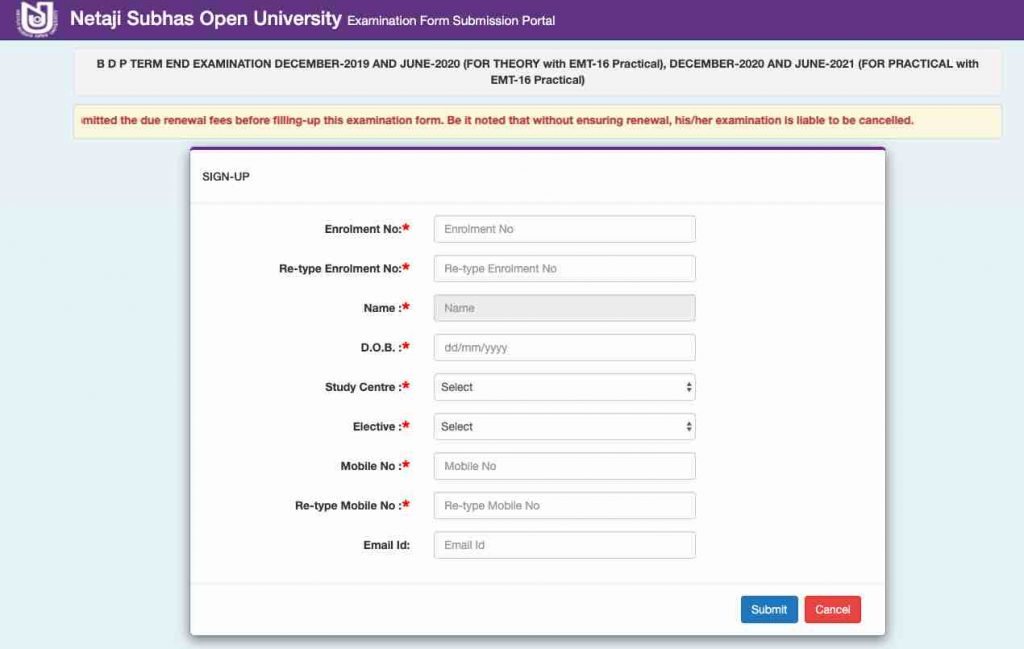 NSOU BDP Exam Form Submission Online - Term End Examination 2021